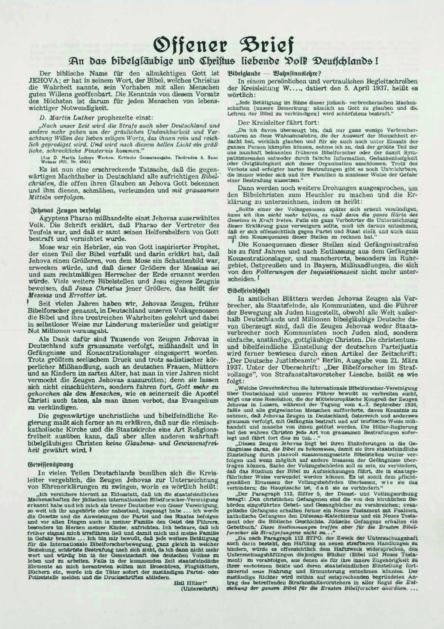 Der "offene Brief" der Zeugen Jehovas vor 85 Jahren - Villa Merländer